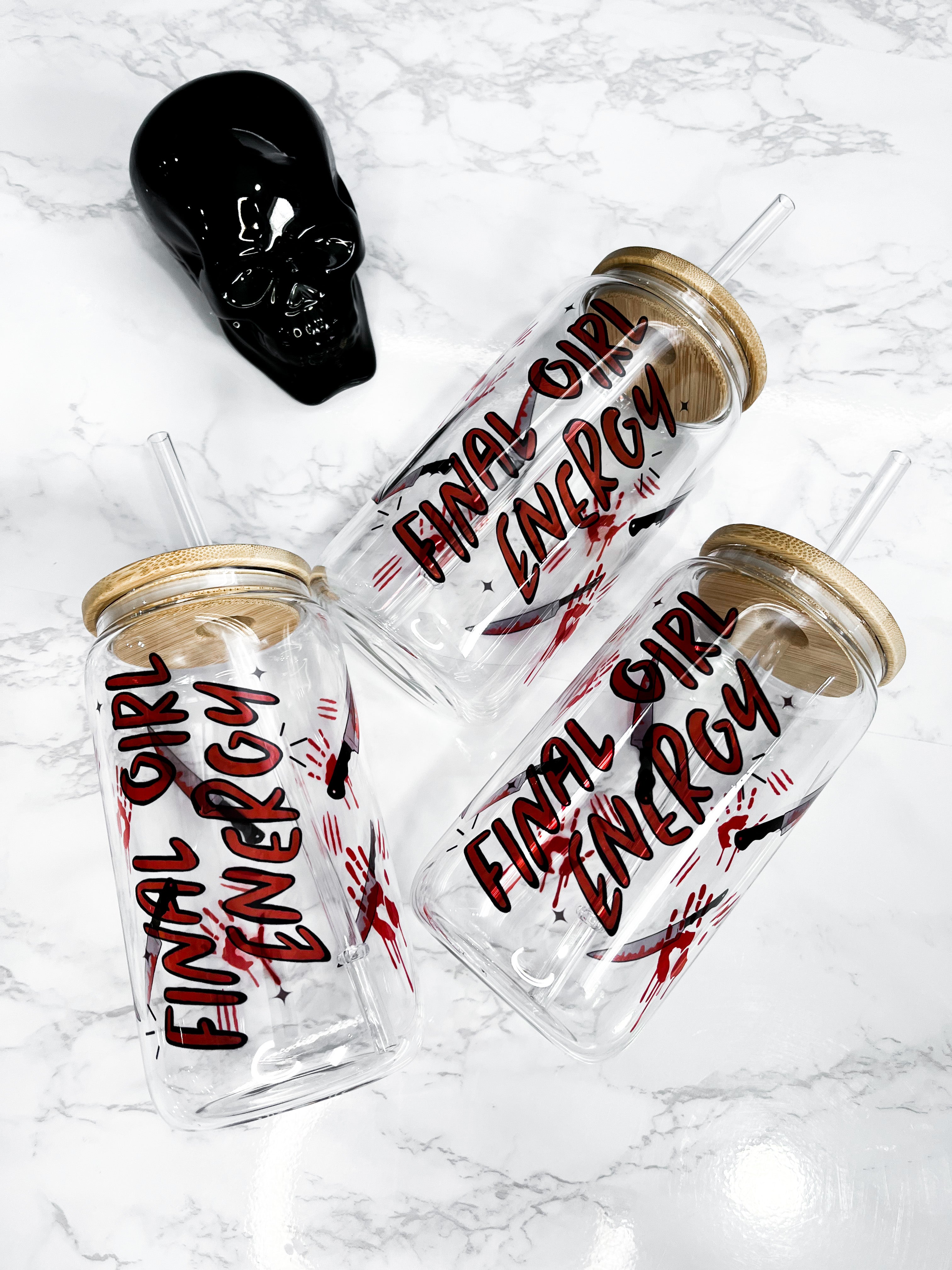 Final Girl Energy | 16 oz. Hot + Cold Glass Cup – Crypt and Coffins